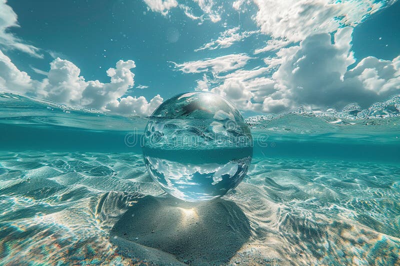 A Glass Ball Under Clear Water. Beautiful Water Background. Stock ...