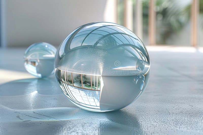 Glass Ball with Window Reflection on White Floor. Glass Elements in ...