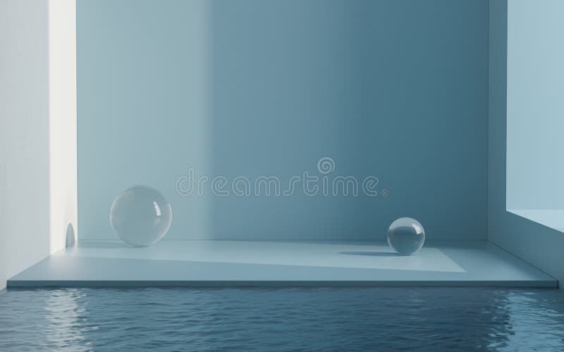 Glass Balls and Water in an Empty Room, 3d Rendering Stock Illustration ...