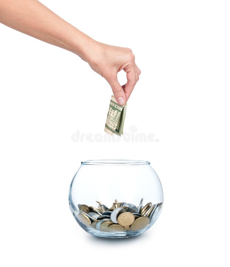 Glass Bank for Tips with Money and Hand Isolated Stock Image - Image of ...