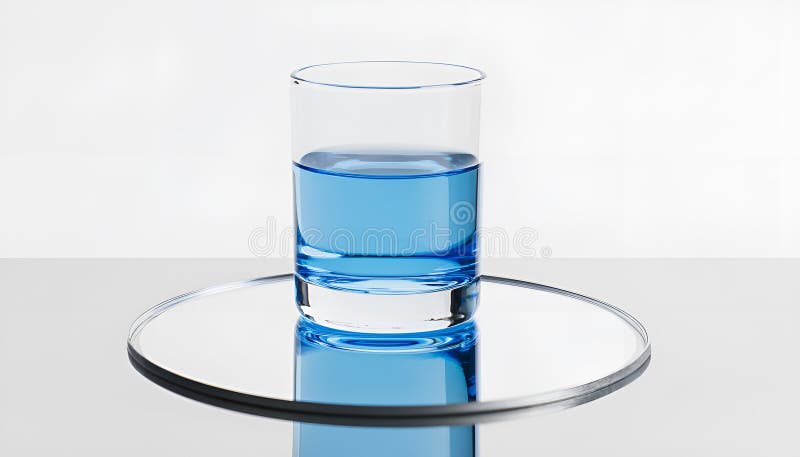 Glass Beaker with Blue Liquid on Mirror Surface on White Background ...