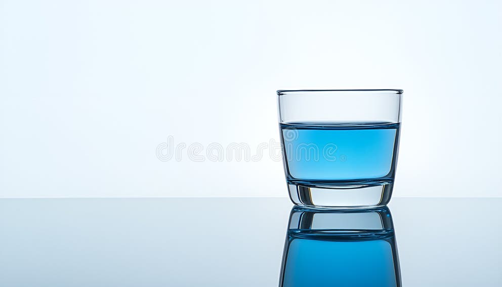 Glass Beaker with Blue Liquid on Mirror Surface on White Background ...