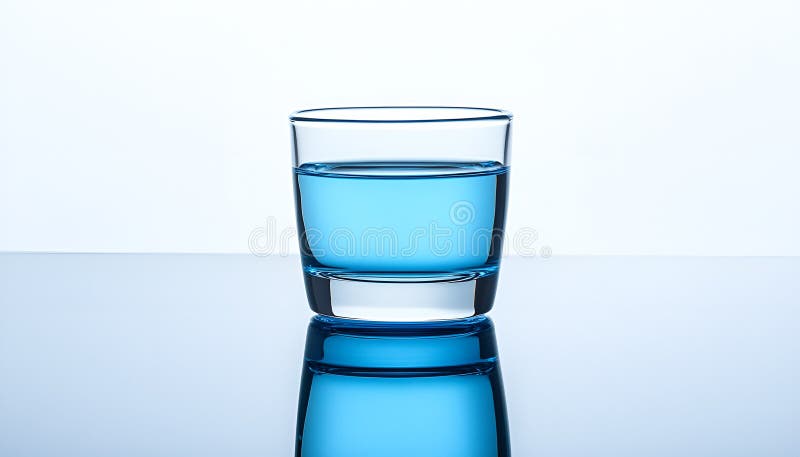 Glass Beaker with Blue Liquid on Mirror Surface on White Background ...