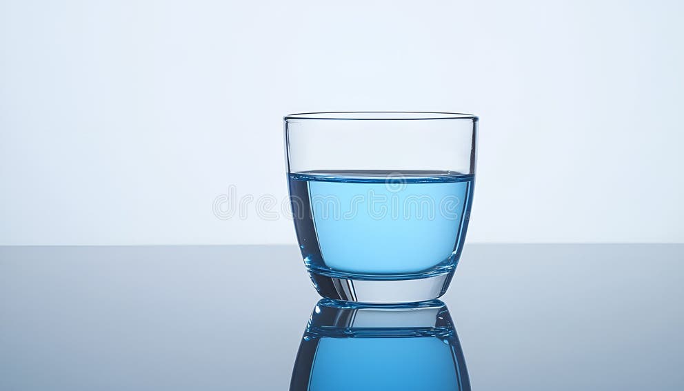 Glass Beaker with Blue Liquid on Mirror Surface on White Background ...