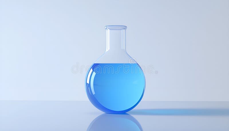 Glass Beaker with Blue Liquid on Mirror Surface on White Background ...