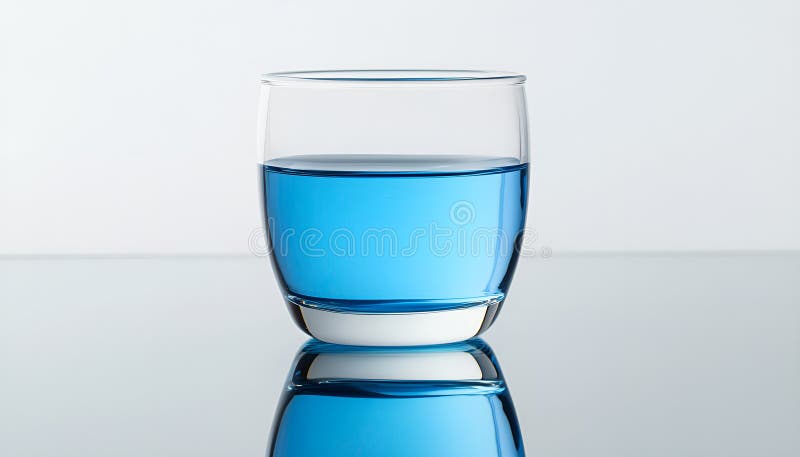 Glass Beaker with Blue Liquid on Mirror Surface on White Background ...