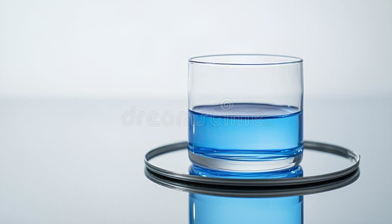 Glass Beaker with Blue Liquid on Mirror Surface on White Background ...