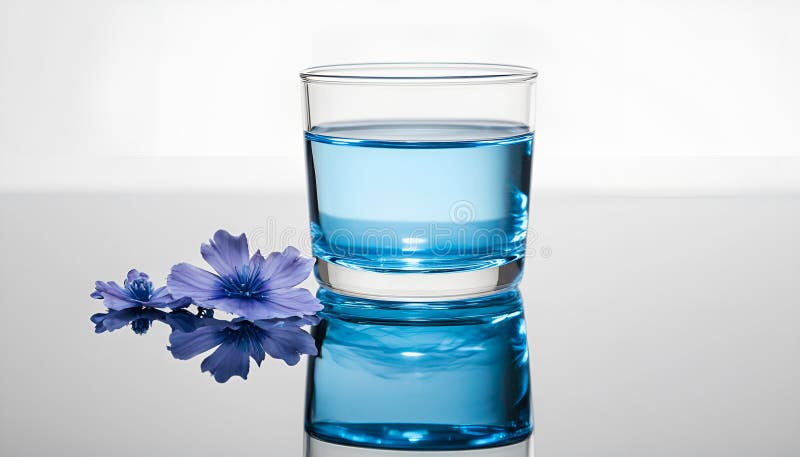 Glass Beaker with Blue Liquid on Mirror Surface on White Background ...