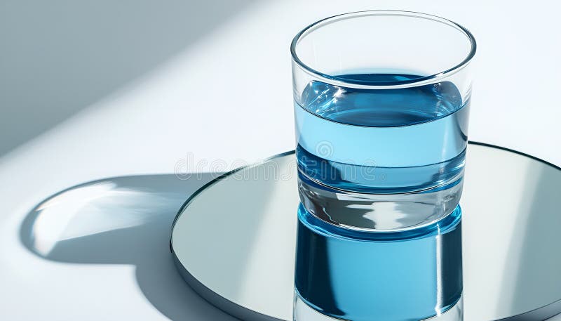 Glass Beaker with Blue Liquid on Mirror Surface on White Background ...