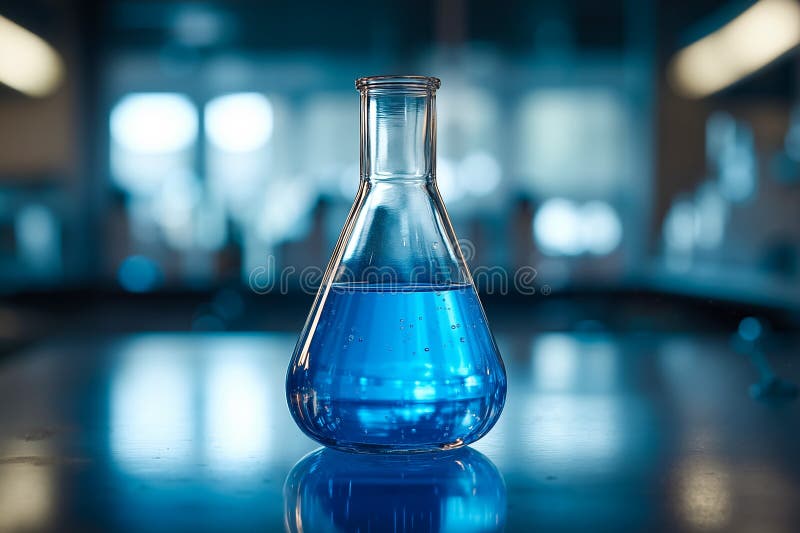 A Glass Beaker Filled with Blue Liquid Sitting on Top of a Table Stock ...