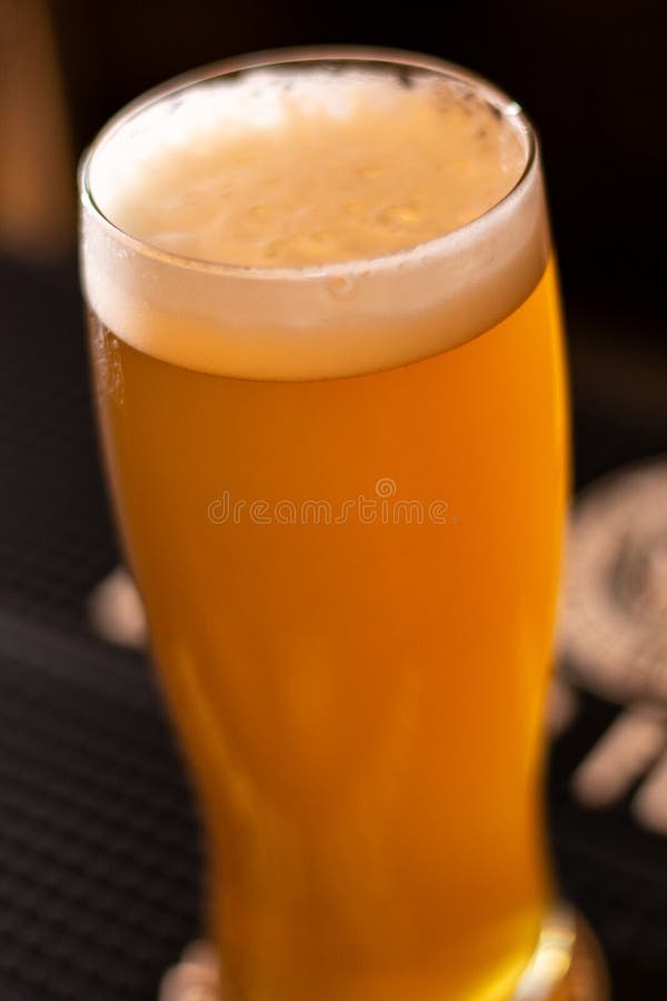 Glass of Golden Craft Beer on Wooden Bar Table Close Up Stock Photo ...