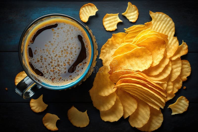 A Glass of Beer on the Bar. Chips and Snacks, Top View Stock ...
