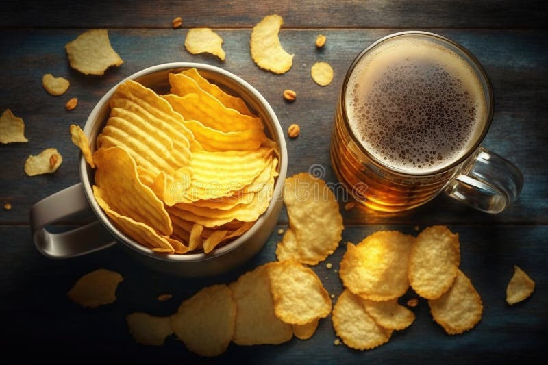 A Glass of Beer on the Bar. Chips and Snacks, Top View Stock ...