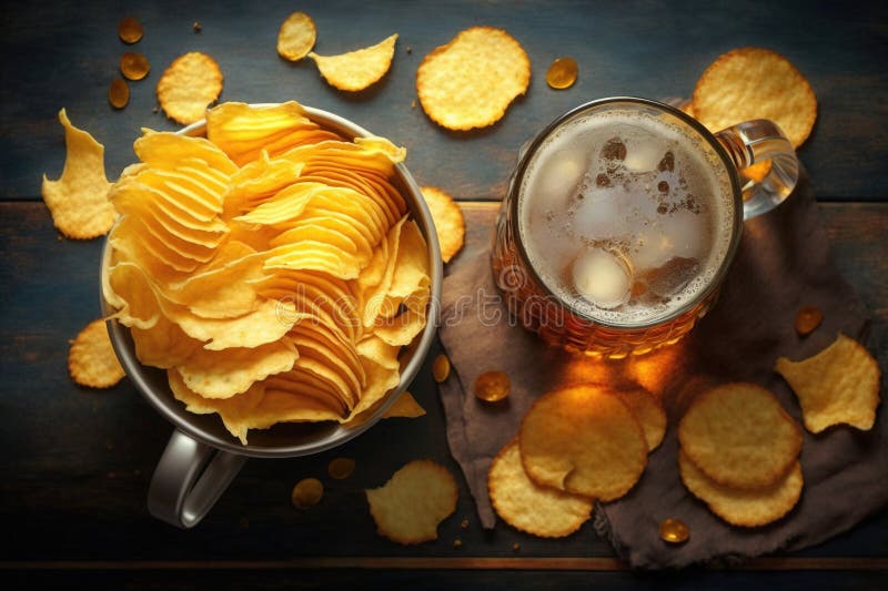 A Glass of Beer on the Bar. Chips and Snacks, Top View Stock ...
