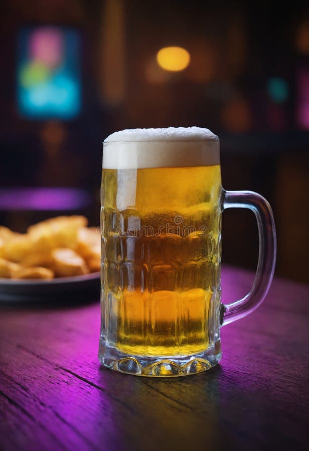 Glass of Beer on Bar Counter. a Full Glass of Beer Sits on a Wooden Bar ...