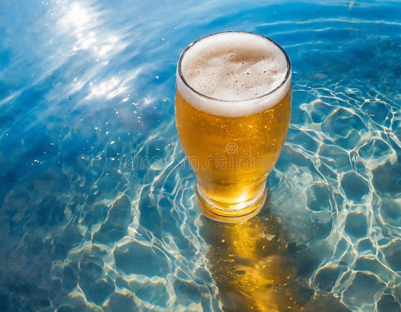 Glass of Beer on the Beach with Crystal Clear Water and Sun Rays. Image ...