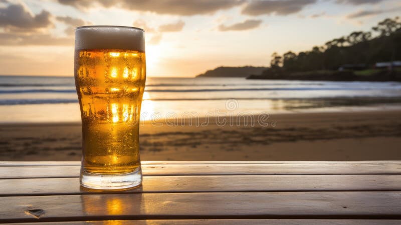Glass of Beer on the Beach at Sunset with Copy Space for Text ...