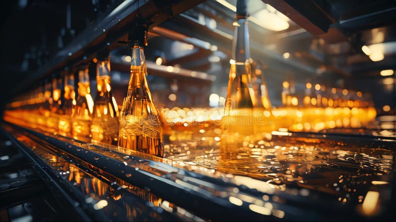Glass Beer Bottles on a Bottling Conveyor Line in a Beverage Brewery ...