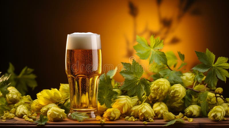 Glass with Beer among Flowers and Leaves of Hops, Generative Ai Stock ...