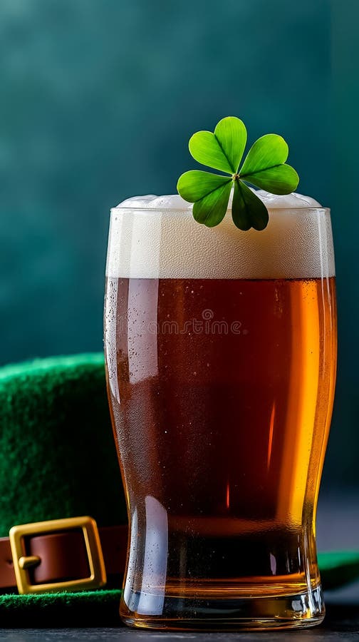 A Glass of Beer with a Four Leaf Clover on Top of it Stock Image ...