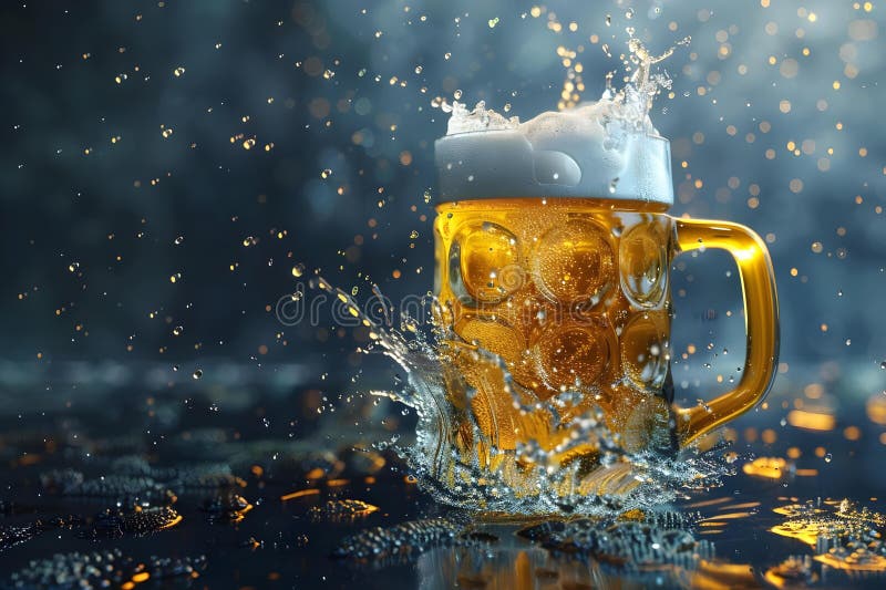 Glass Beer Mug with Exaggerated Splash on Dark Background 3D Rendering ...