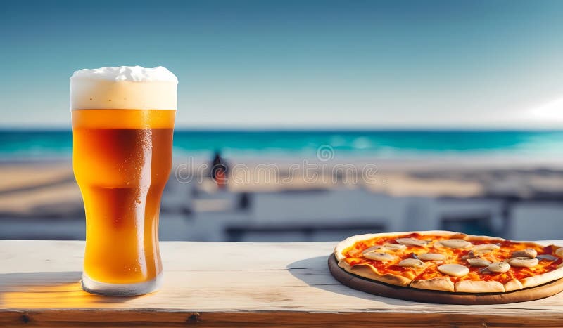 Glass Beer and Pizza on the Beach Stock Illustration - Illustration of ...