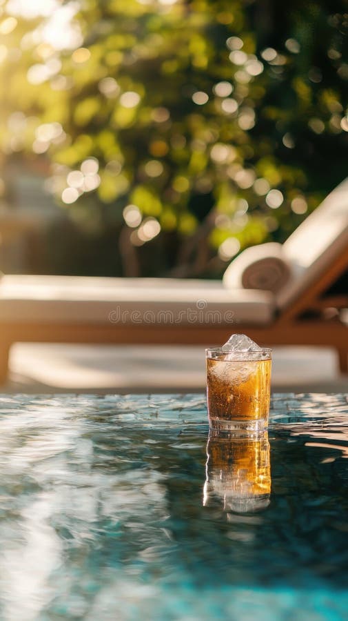 A Glass of Beer Resting on the Edge of a Swimming Pool with Blue Water ...