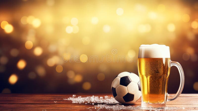 Glass of Beer with Soccer Ball on Bokeh Background. Copy Space Stock ...