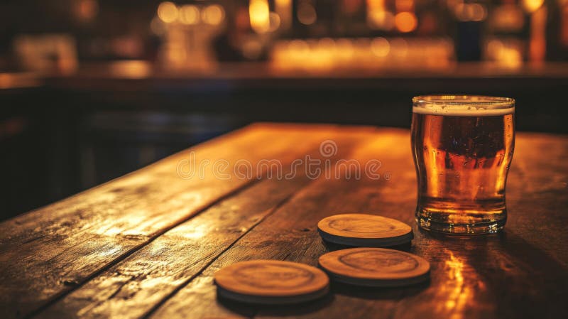 Glass of Beer on Wooden Bar Table at Night Stock Illustration ...