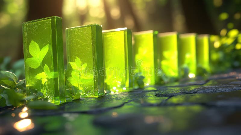 Glass Blocks with Green Leaves in a Forest Setting Stock Illustration ...
