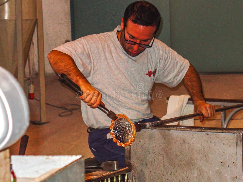 Glass Blower Creating a Crystal Base Murano, Italy Editorial ...