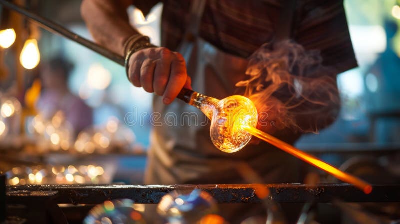Glass Blower Forming Beautiful Piece of Glass. Glass Crafter is Burning ...