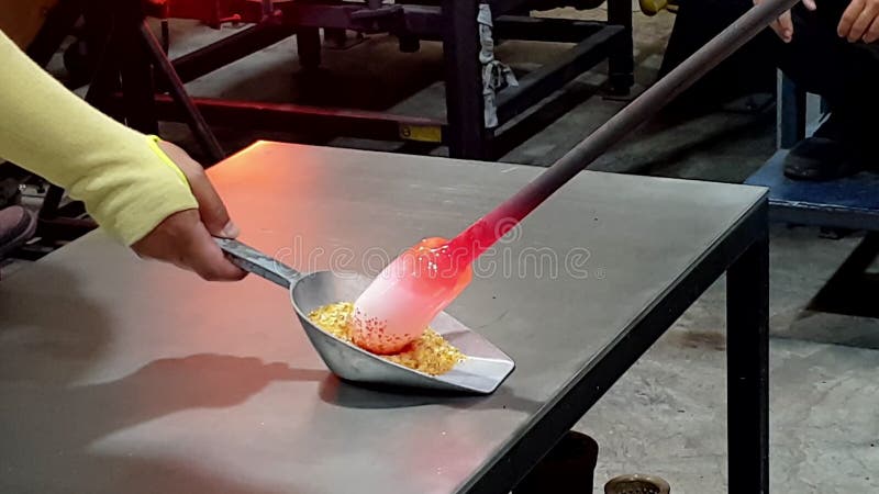 Glass Blowing Process Adding Color Cracked Glass Pixels on Melted Heat ...