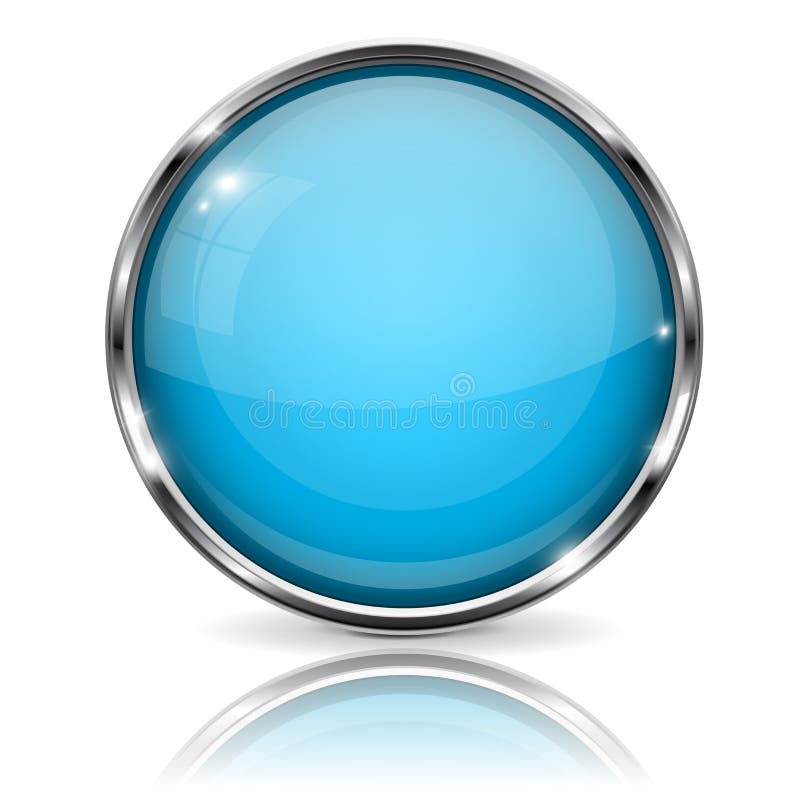 Glass Blue Button with Chrome Frame. Round 3d Shiny Icon with ...