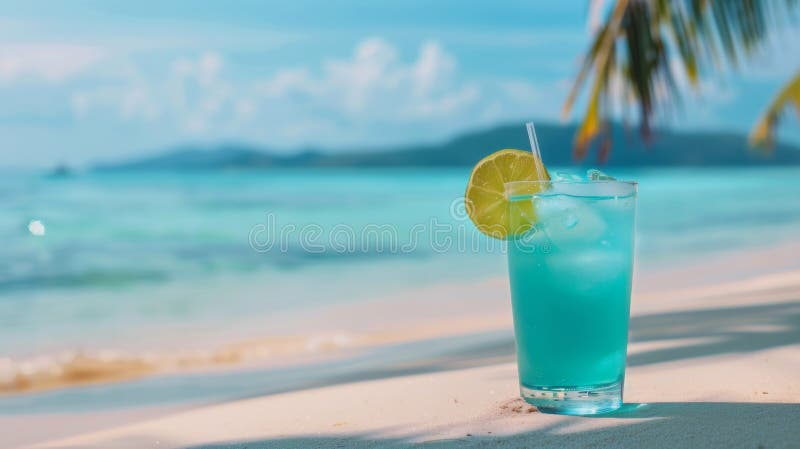 Glass of Blue Cocktail in Front of Blurred Tropical Beach Landscape ...
