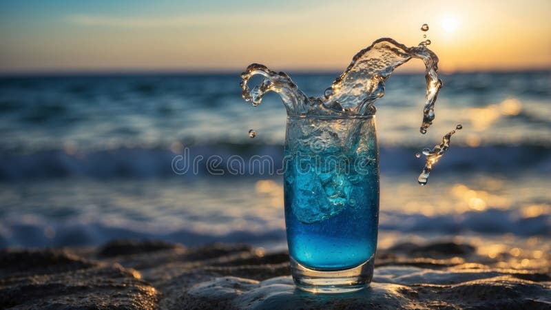 Glass with Blue Drink on Seascape Background. Stock Image - Image of ...