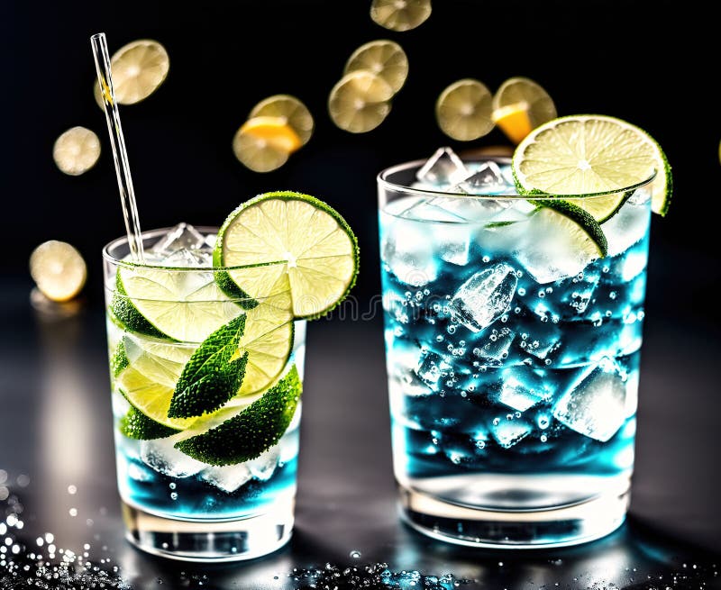 A Glass of Blue Liquid with Ice Cubes and Lime Slices on the Side ...