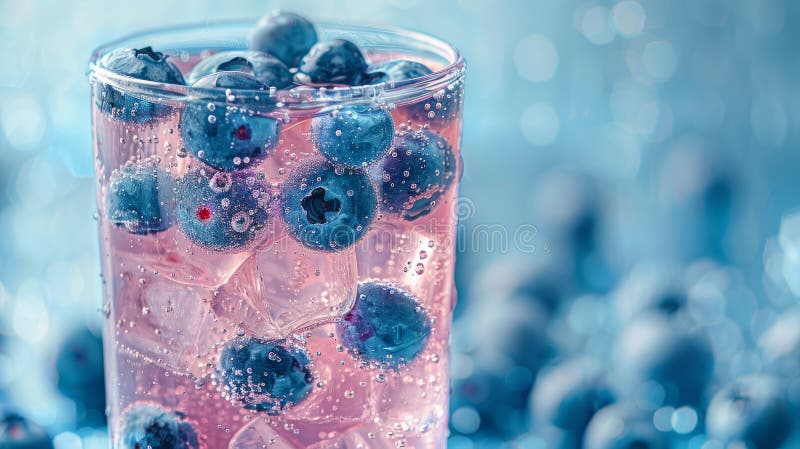 Glass of Blueberry Drink with Ice Cubes and Fresh Blueberries. Stock ...