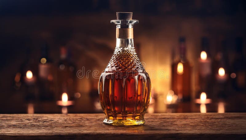 A Glass Bottle Containing Yellow Alcohol on the Table Stock ...