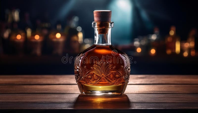 A Glass Bottle Containing Yellow Alcohol on the Table Stock ...