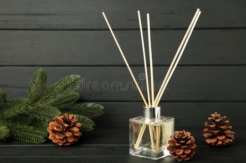 Pine Essential Oil Glass Bottle Wooden Stand Green Background Stock ...