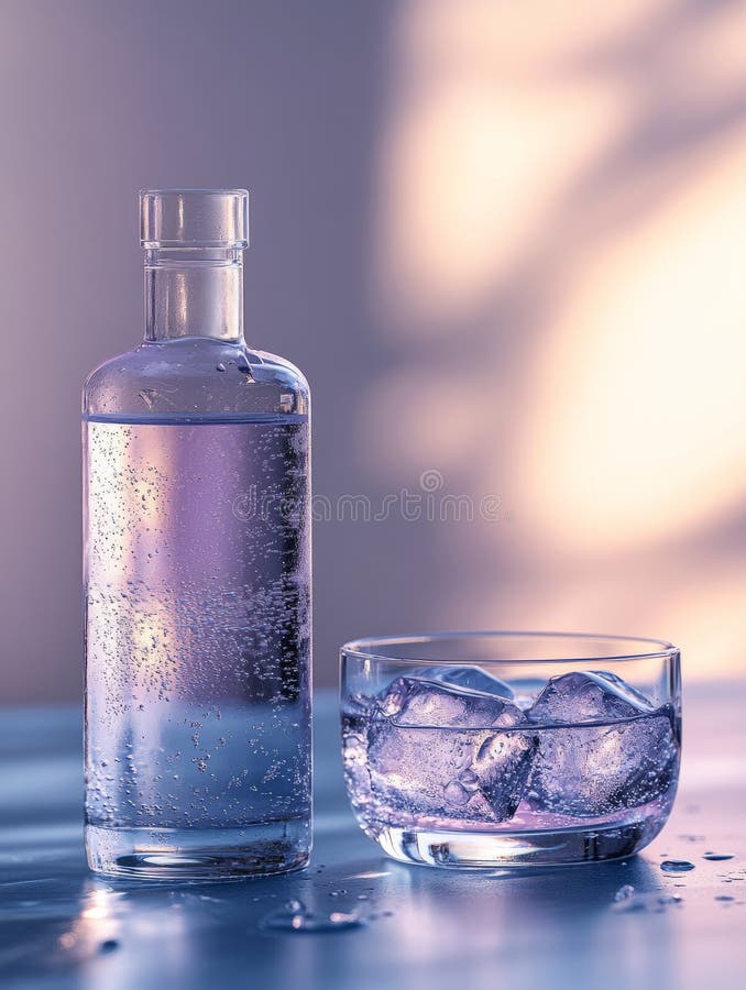 Glass Bottle and Bowl with Ice Cubes on a Table. Stock Photo - Image of ...