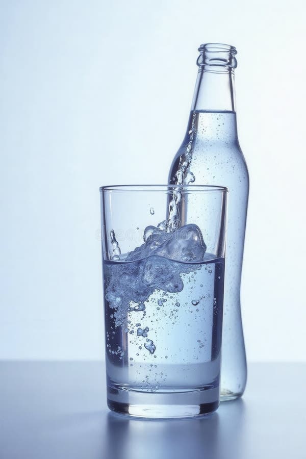 Glass Bottle Filled with Cold Mineral Water Overflows in a Glass ...
