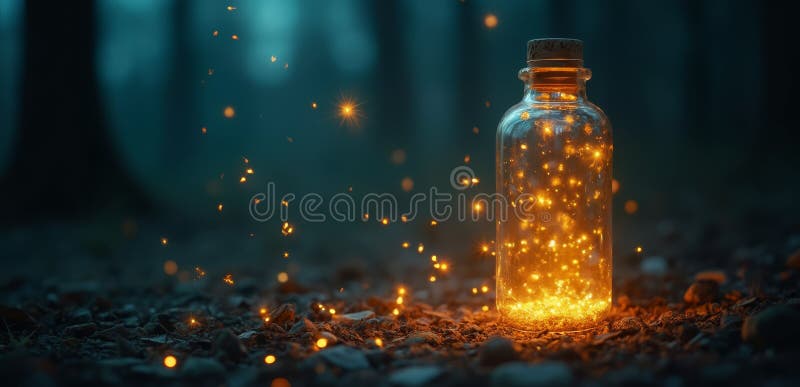 A Glass Bottle Filled with Fireflies Sitting on the Ground Stock Photo ...