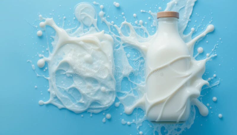 A Glass Bottle Filled with Milk is Placed on a Light Blue Surface. the ...