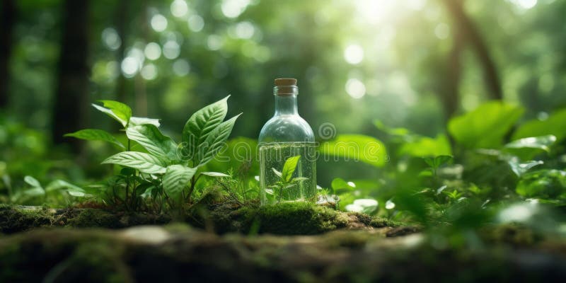 Glass Bottle in Forest Greenery in Sunlight. Environment Conservation ...