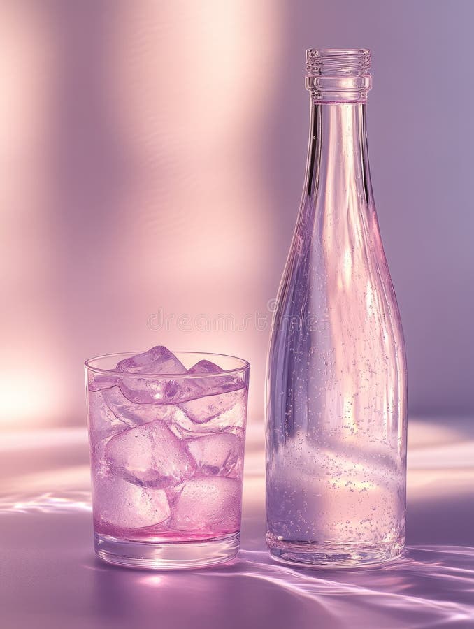 Glass and Bottle with Ice on a Reflective Surface. Stock Image - Image ...