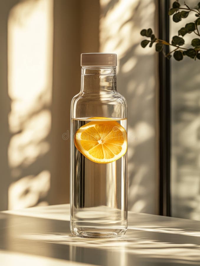 Glass Bottle with Lemon Slice in Sunlight Stock Photo - Image of ...