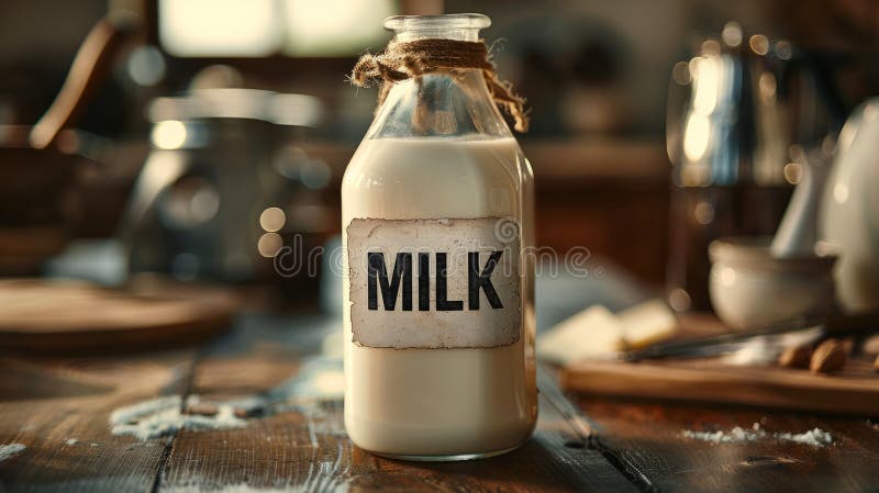 Glass Bottle of Milk in a Rustic Kitchen Setting. Stock Photo - Image ...