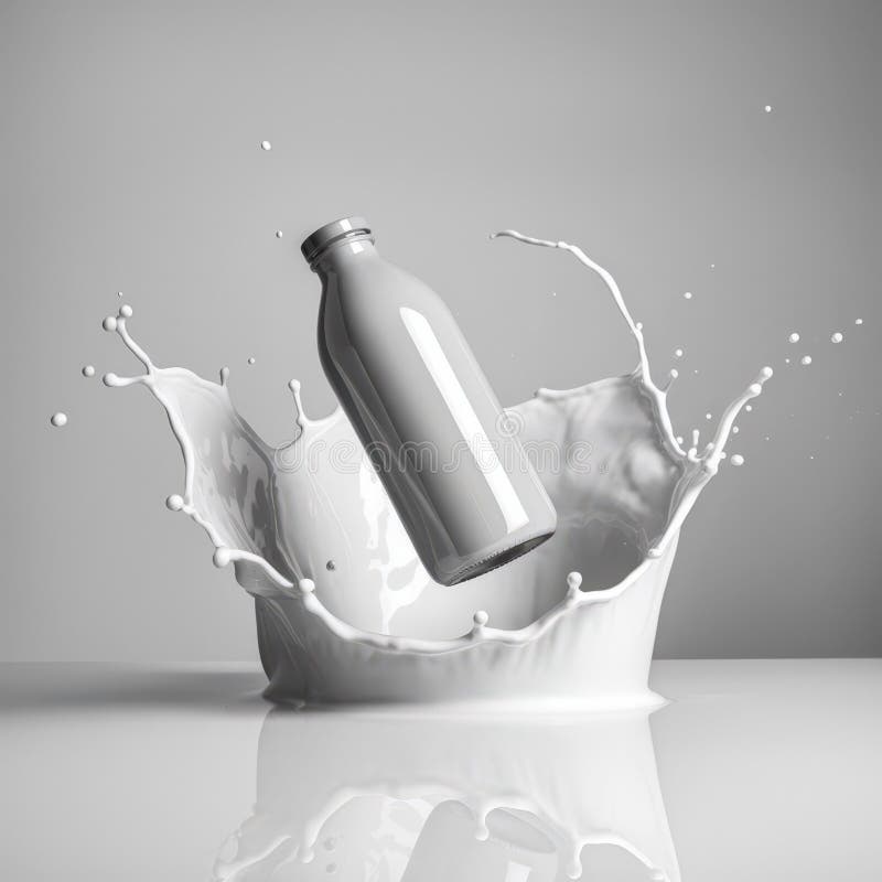 Glass Bottle of Milk Splashing into a Pool of Milk on a Reflective ...